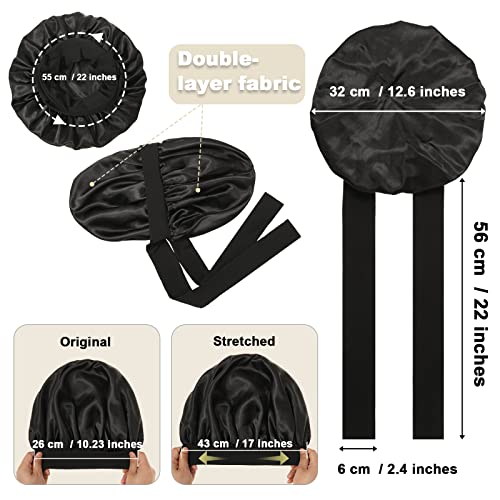 Satin Bonnet for Women Hair Bonnet for Sleeping Large Double Layer Silk Sleep Cap with Wide Elastic Band Hair Cap for Sleeping with 45PCS Waterproof Disposable Shower Caps (Black)