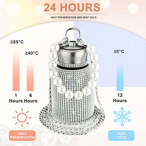 XUDREZ Diamond Thermos Bottle for Womens, Diamond Water Bottle Bling Rhinestone Stainless Steel Vacuum Flask Sparkling Refillable Insulated Thermal Bottle with Pearl Bracelet and Chain (Silver)