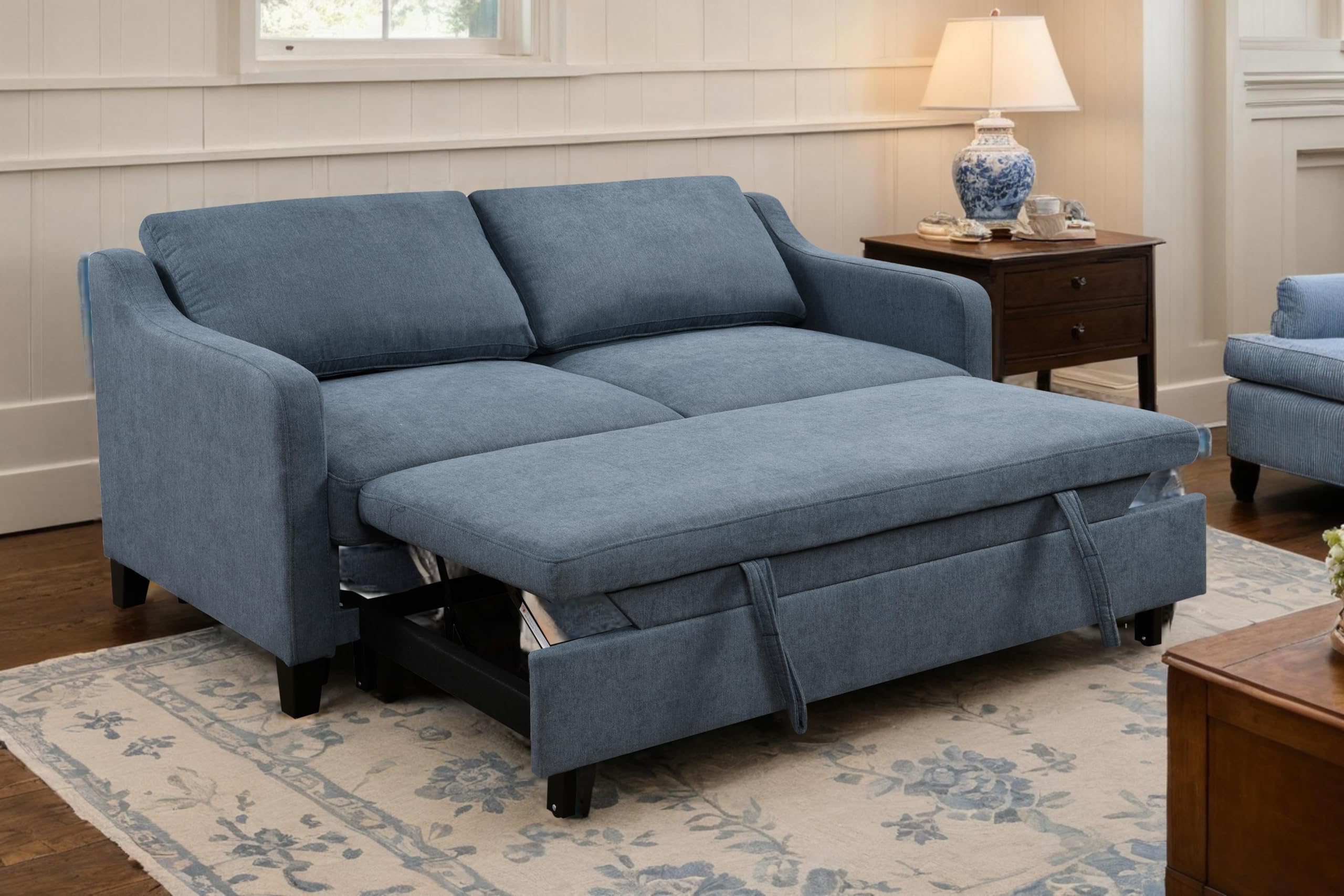 ZIGHTH 69'' Convertible Queen Size Sleeper Sofa Bed, Modern Linen Loveseat Sofa Couch with Pull Out Bed and Adjustable Backrest for Living Room. Blue