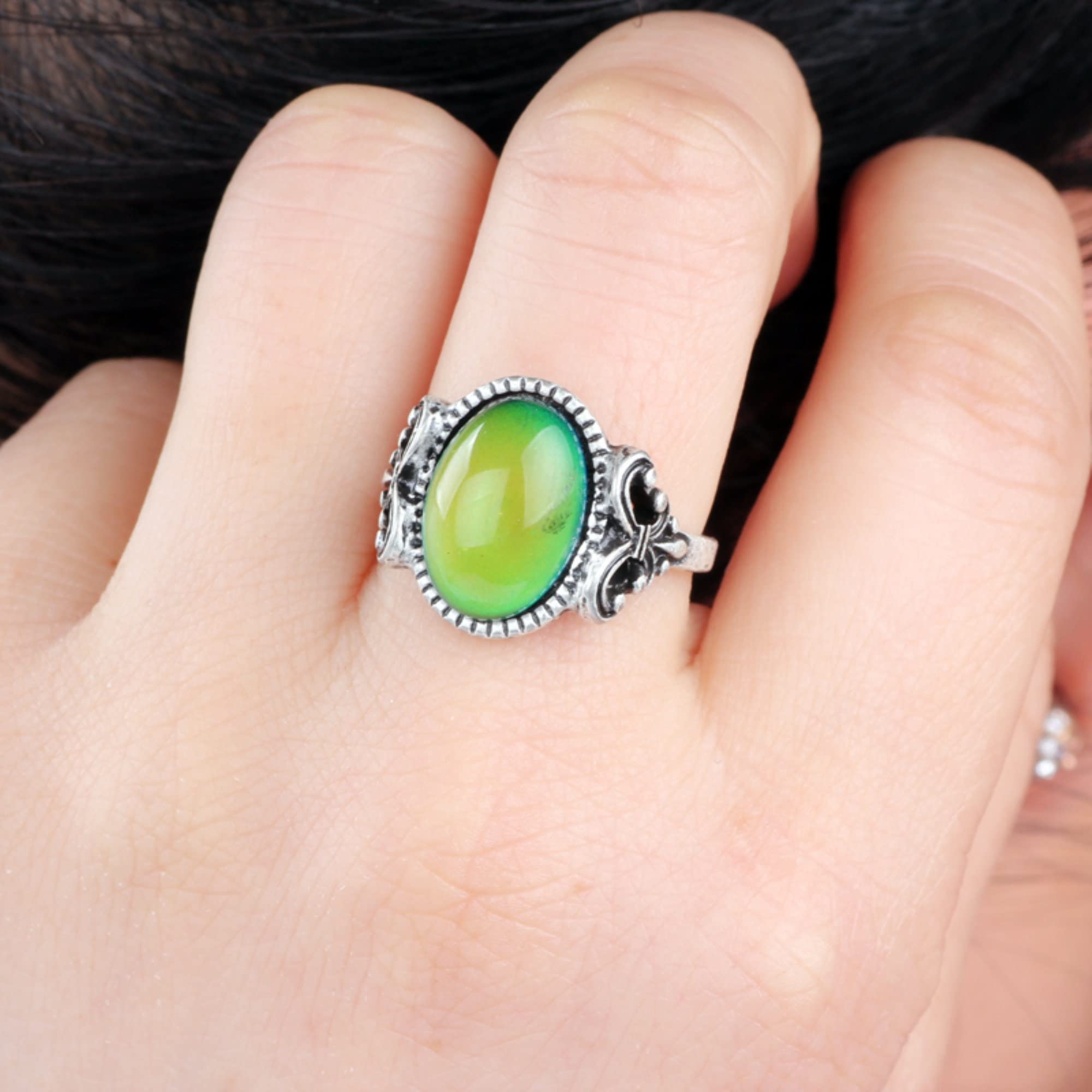 MY MOJOYAS Antique Sterling Silver Plated Mood Ring with Gothic Flower Pattern and Color-Changing Oval Stone (MJ-RSN008) (8)