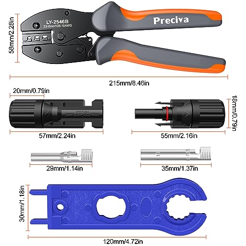 Preciva Solar Crimping Tool Kit for 2.5-6.0mm²/AWG26-10 Solar Panel PV Cable with 10PCS Male Female Solar Panel Cable Connectors and 2PCS Spanners Wrench