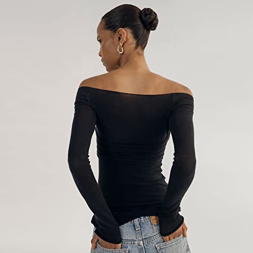 Women's Sexy Crop Top Long Sleeve Off Shoulder Going Out Tops Slim Fit Mesh Ruched Twisted Blouse Y2K T Shirt