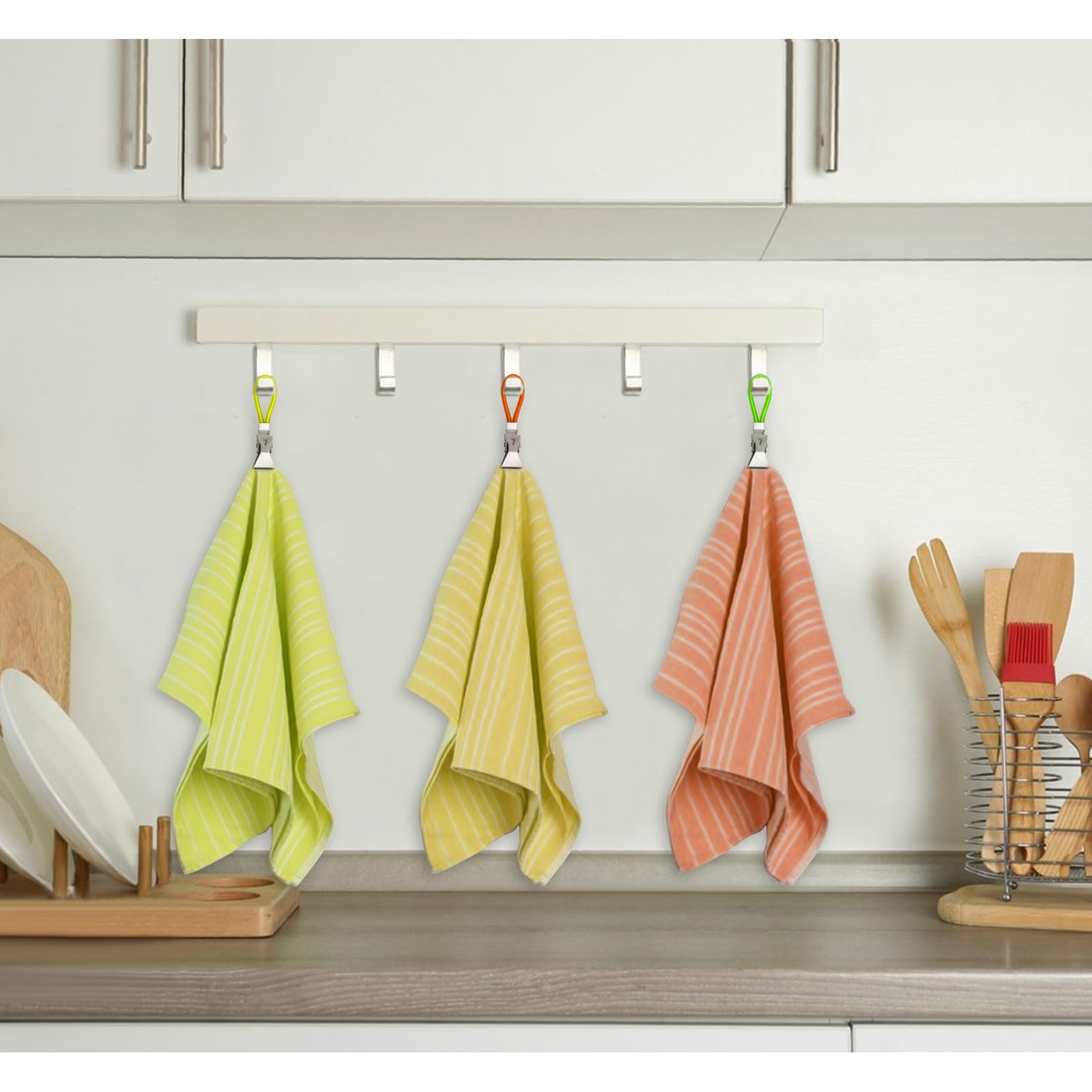 WisePoint Tea Towel Clips 10 Pcs, Metal Tea Towel Storage Clip with Hanging Loop for Towel, Multicolour Kitchen Towel Hanging Clips Small Hook Clips for Bedroom, Bathroom, Kitchen, Cupboard (5 colors)