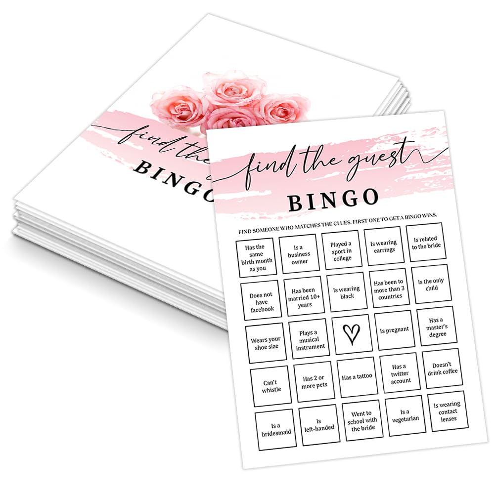 Tuyashua Pink Swash Find The Guest Bingo Game for 30 Guests with Game Cards, Pink Watercolor Bridal Shower Game, Modern Bridal Shower Decorations, Wedding Shower or Bachelorette Party Supplies - 05