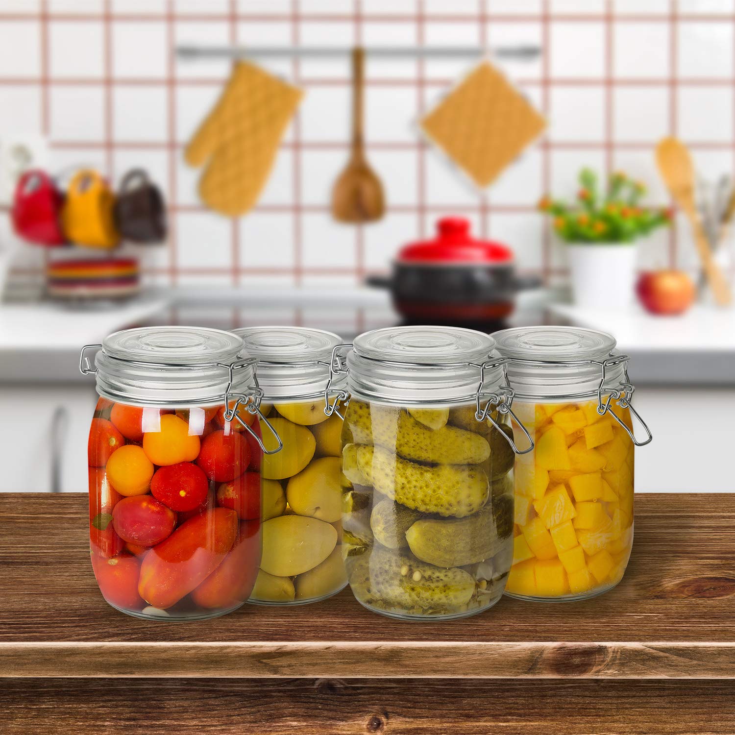 OAMCEG 4 Pack Wide Mouth Mason Jars - 34 OZ Airtight Glass Canning Jars with Leak Proof Rubber Gasket and Clip Top Lids, Perfect for Storing Coffee, Sugar, Flour or Sweets