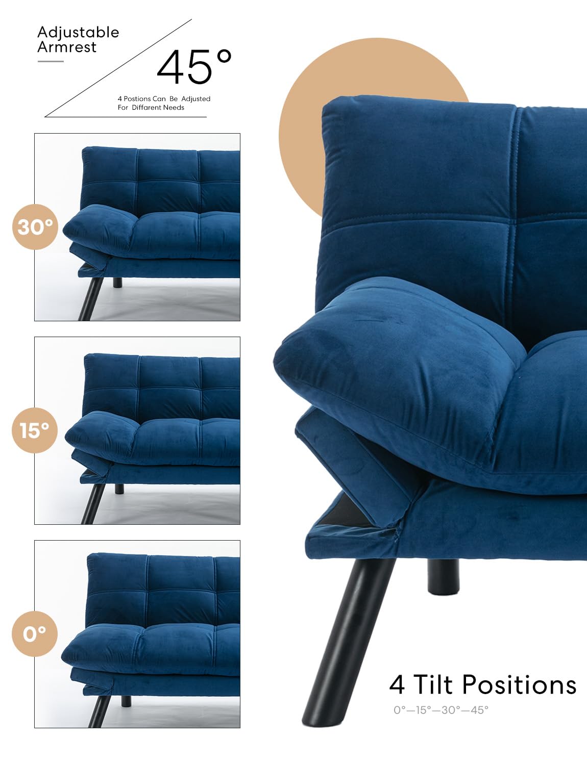 Velvet Convertible Futon Sofa Bed, 71" Comfy Loveseat Sleeper Sofa with Adjustable Backrest Armrest, Strengthen Wood, Thick Padded Cushion, Small 2 Seater Futon Couch for Living Room,Bedroom (blue)