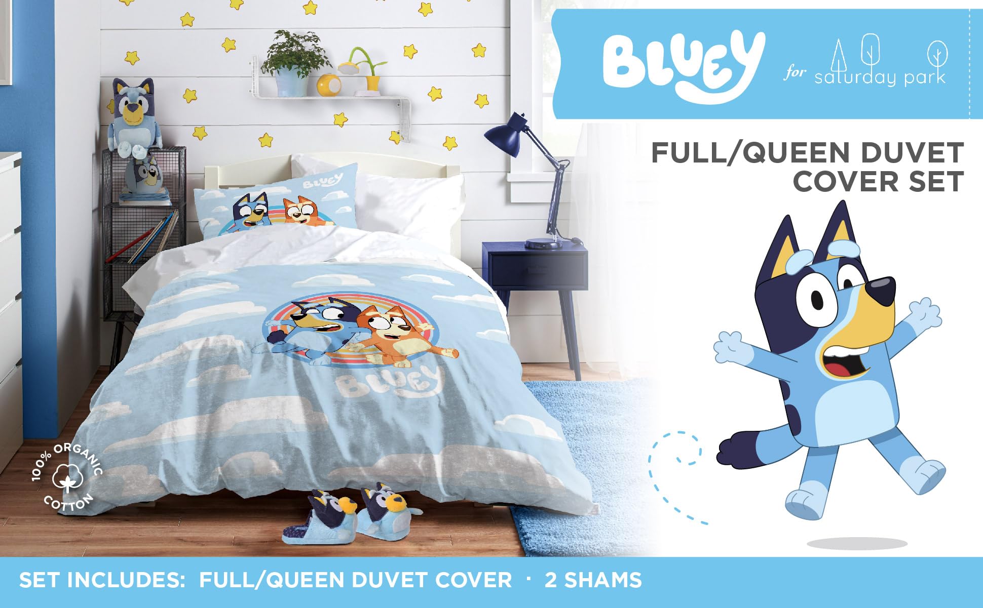 Saturday Park Bluey and Bingo Rainbow Clouds Full/Queen Duvet Cover & Sham Set - 3 Piece 100% Organic Cotton Duvet Set - GOTS & Oeko-TEX Certified