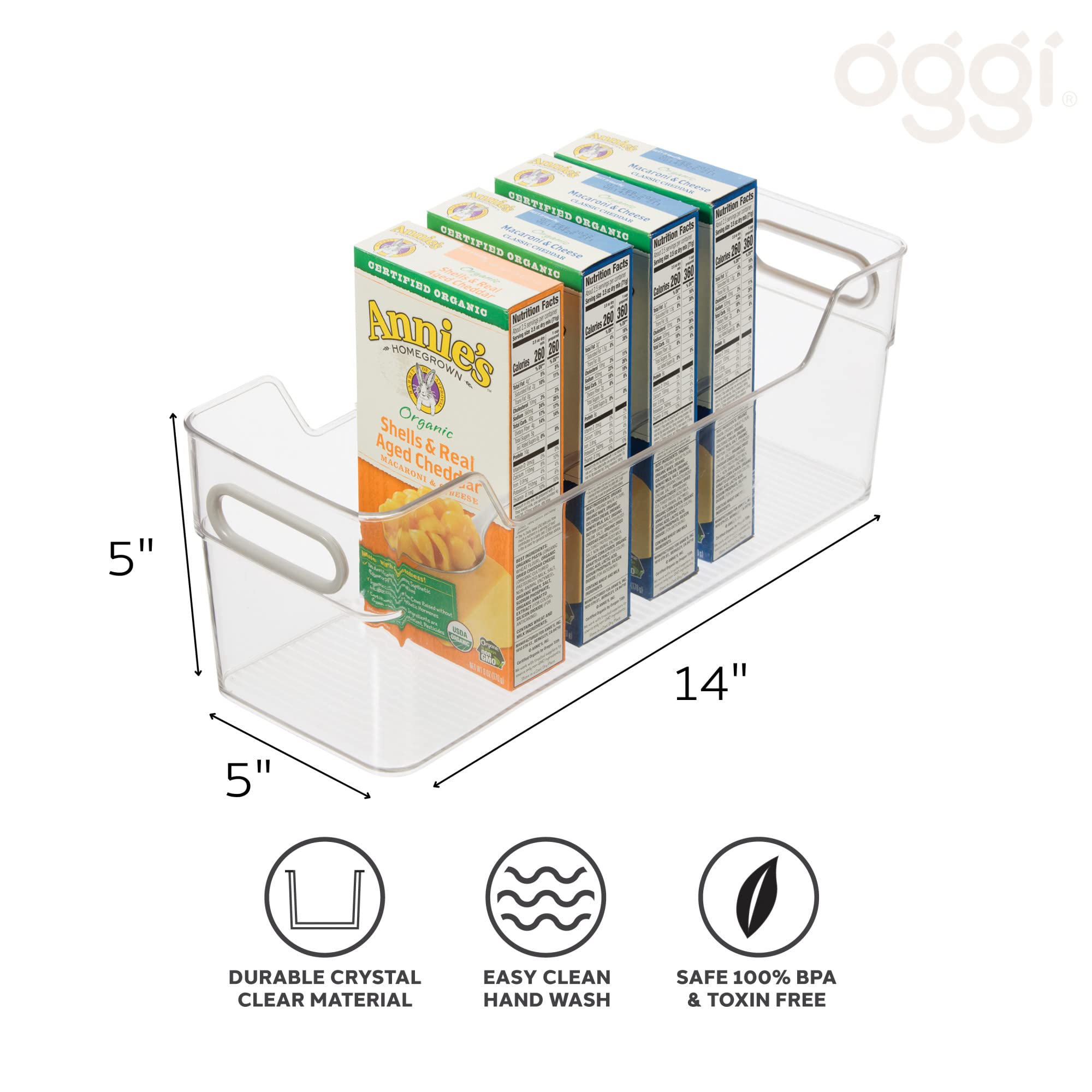 Oggi Cabinet/Drawer High Wall Storage Bin - 14" x 5", Clear/Gray, Ideal for Kitchen Organization, Pantry Storage, Fridge Organizing - Set of 6