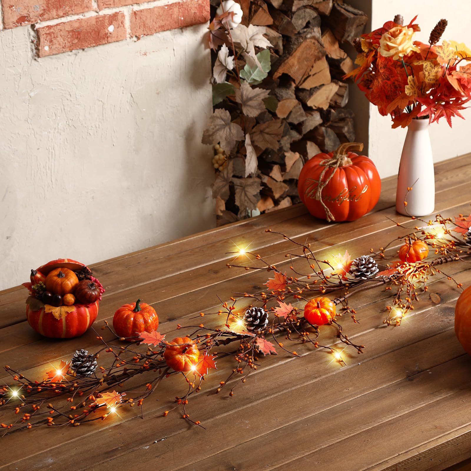 VercanMonth 5ft Fall Garland Pumpkin with 30 Lights Thanksgiving Vine with Maple Leaf Pinecone Garland Berry Orange Artificial Fall Decoration Garland for Mantle Fireplace Table Autumn Harvest Decor
