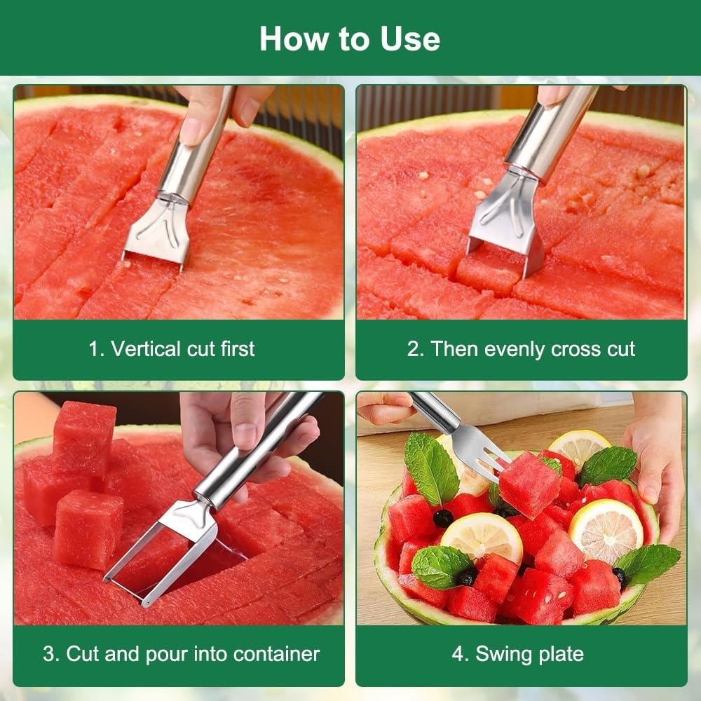 Upgraded 2-in-1 Stainless Steel Fruit Cutter,2024 Newest Watermelon Slicer Watermelon Cutter Melon Cutter Tool,Dual Head Fruit Forks Slicer Watermelon Cutter Tool, Summer Fruit Cutting Fork for Home