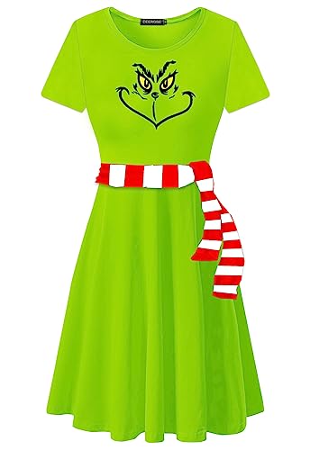 Womens Christmas Green Monster Dress Halloween Grinch Costume Dresses Fancy Flare Dress XL