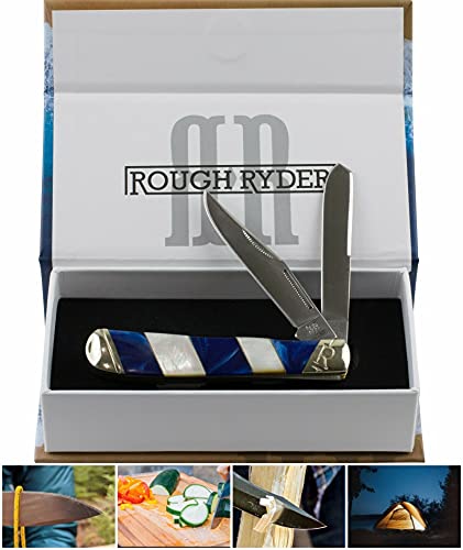 Rough Rider Blue Ocean White Trapper Pocket Knife Rr2021 Open Folding Blades Outdoor Survival Hunting Knife for Camping by Survival Steel