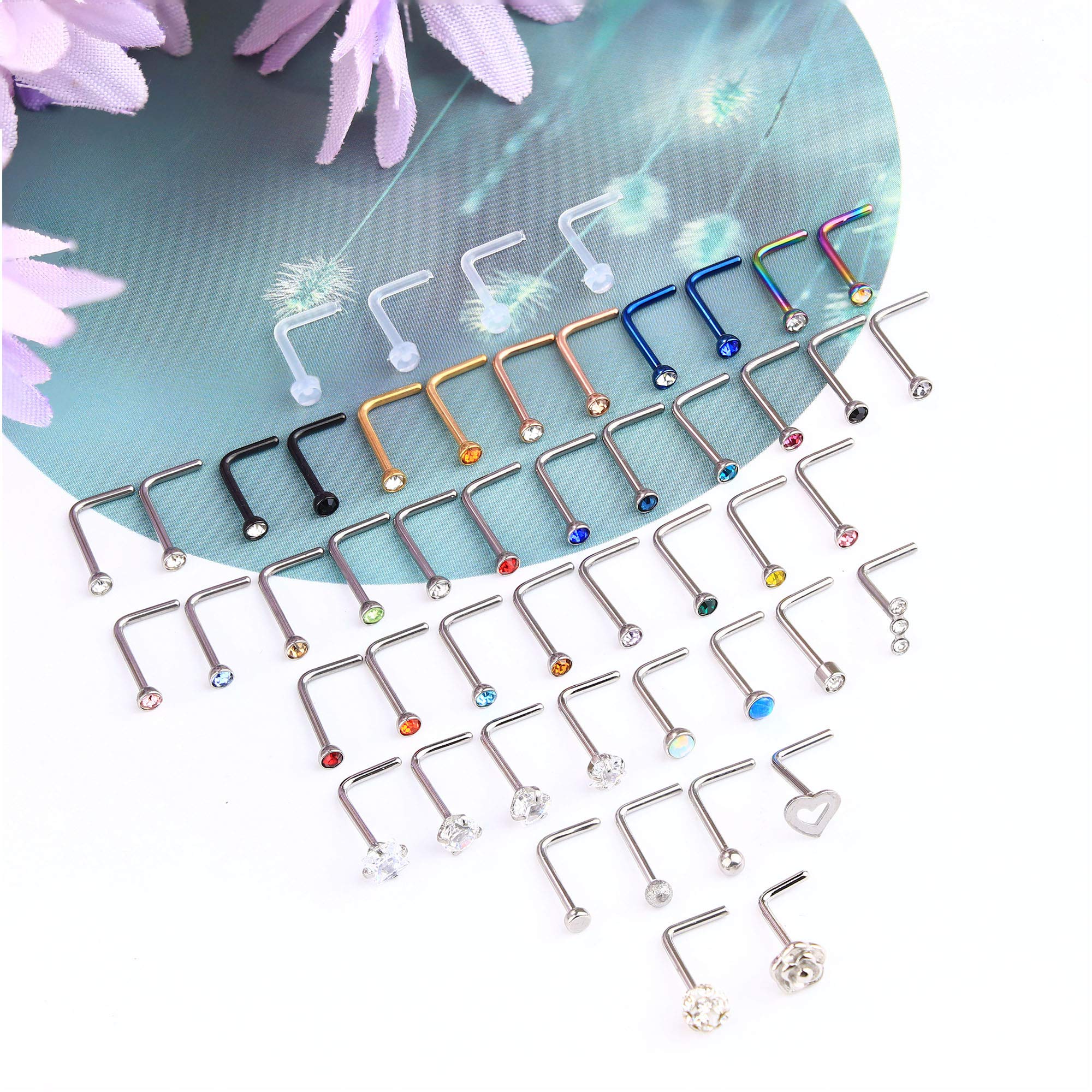 Jstyle 50Pcs 18G 20G L Shape Nose Studs Nose Ring Stud Stainless Steel Nose Piercings for Men Women CZ Clear Nose Stud Set L
