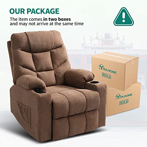 YITAHOME Recliner Chair with Wireless Charging, Electric Power Recliner Chair with Massage for Elderly, Fabric Reclining Loveseat with USB Ports, Side Pocket, Remote Control,Brown