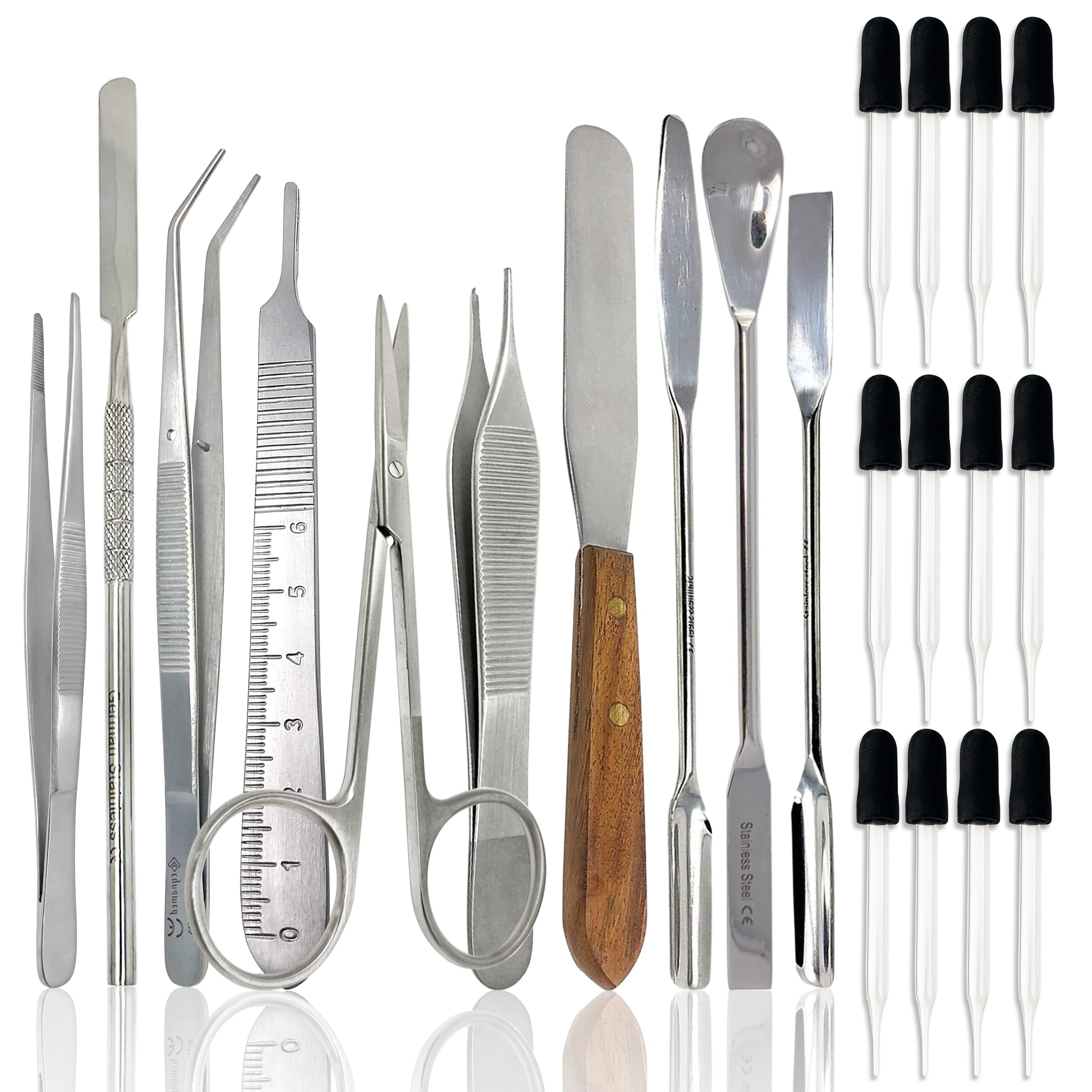 Scientific Labwares 32 PCS Science Lab Micro Spatula Tweezer Sampler Set, Stainless Steel MutliPurpose Laboratory Sampling Mixing Pipette Set