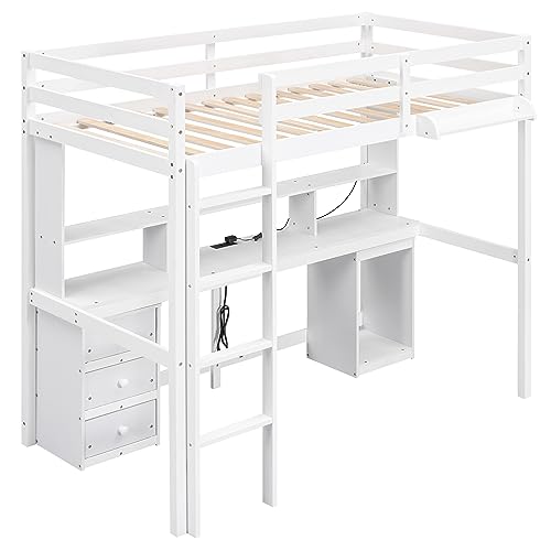 WADRI Twin Size Loft Bed with Multi-Storage Desk, Wood Loft Bed Frame with LED Light and Bedside Tray, Loft Bed with Charging Station for Kids Teens Adult, Space-Saving Design
