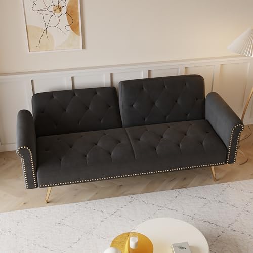 Verfur Button Tufted Upholstered Convertible Folding Sleeper Sofa Bed Futon Loveseat Couch Recliner Daybed with Adjustable and Nailhead Trim for Living Room, Bedroom
