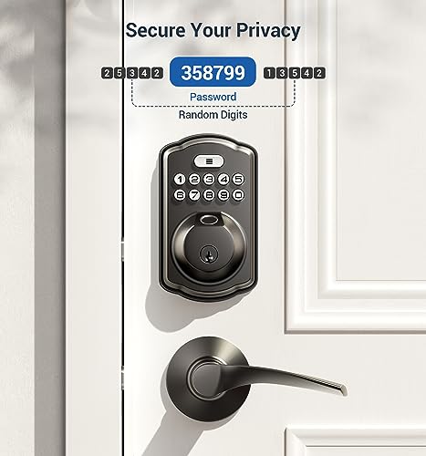 Veise Fingerprint Door Lock with 2 Lever Handles - Keyless Entry Door Lock, Electronic Keypad Deadbolt & Front Door Lock Handle Sets, Auto Lock & 1 Touch Locking, Easy Installation, Matte Black