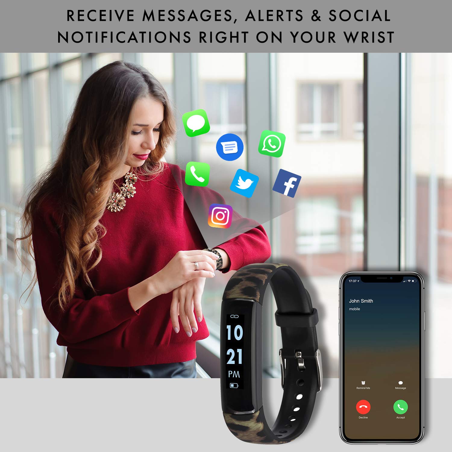 iTouch Slim Fitness Tracker with Heart Rate Monitor, Step Tracker, Calorie Tracker & Sleep Tracker. Waterproof Fitness Watch for Women & Men, Android & iOS, Leopard Print/Black Interchangeable Straps
