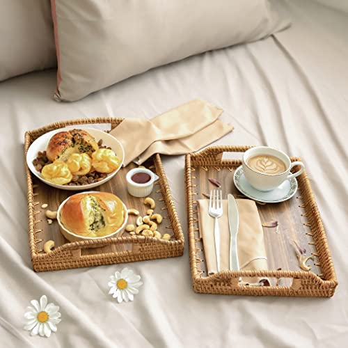 Rattan Decorative Tray with Natural Wood - Coffee Table/Ottoman Tray - Vanity Tray - Fruit Basket - Serving Tray (Small)