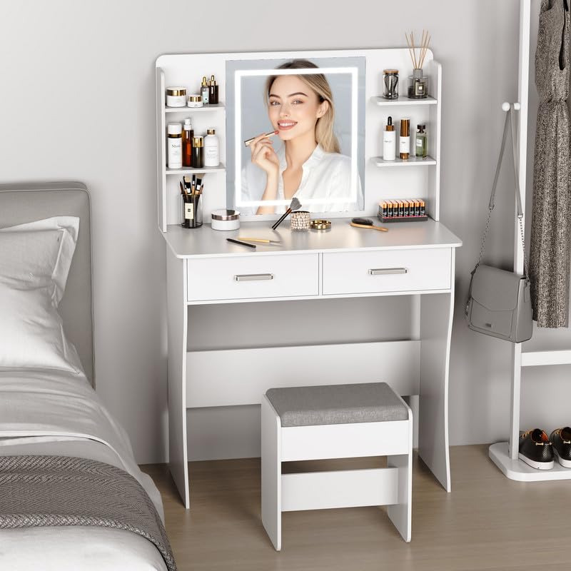 Vanity Desk with Mirror and Lights, White Makeup Vanity Desk with Led Lights Mirror and Chair, Makeup Vanity Dressing Table Set with 2 Drawers and 6 Storage Shelves for Bedroom Dressing Room