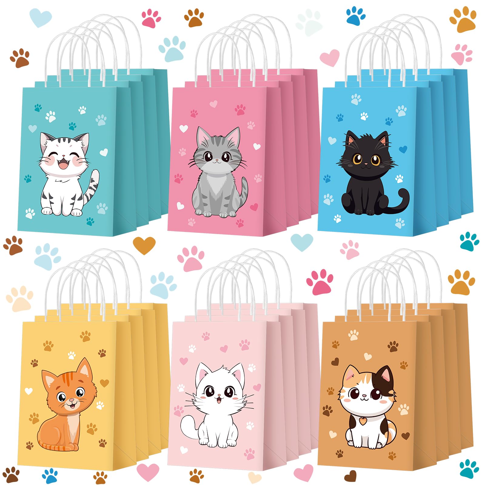 Zhanmai 24 Pcs Cat Goodie Bags Cat Party Favor Kitty Gift Bags with Handles Cat Candy Treat Paper Bags for Kids Cat Birthday Party Decoration Supplies for Pet Adoption