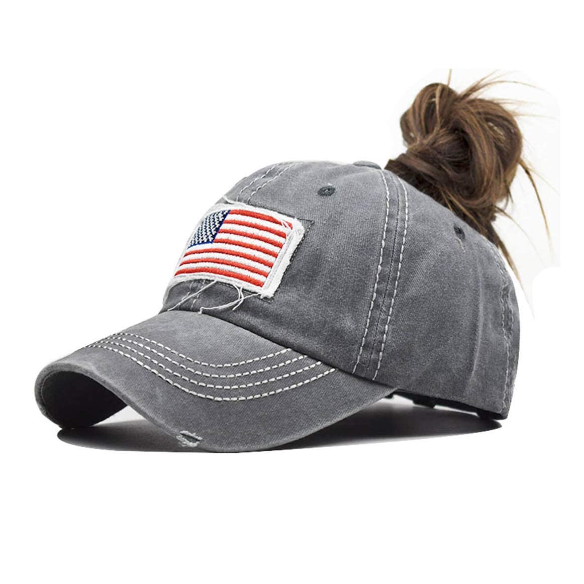 IZUS American Flag,Distressed Baseball Hat – 100% Distressed Cotton Dad Hat Embroiderred for Adult (Ponytail Hat Black/No Hair)