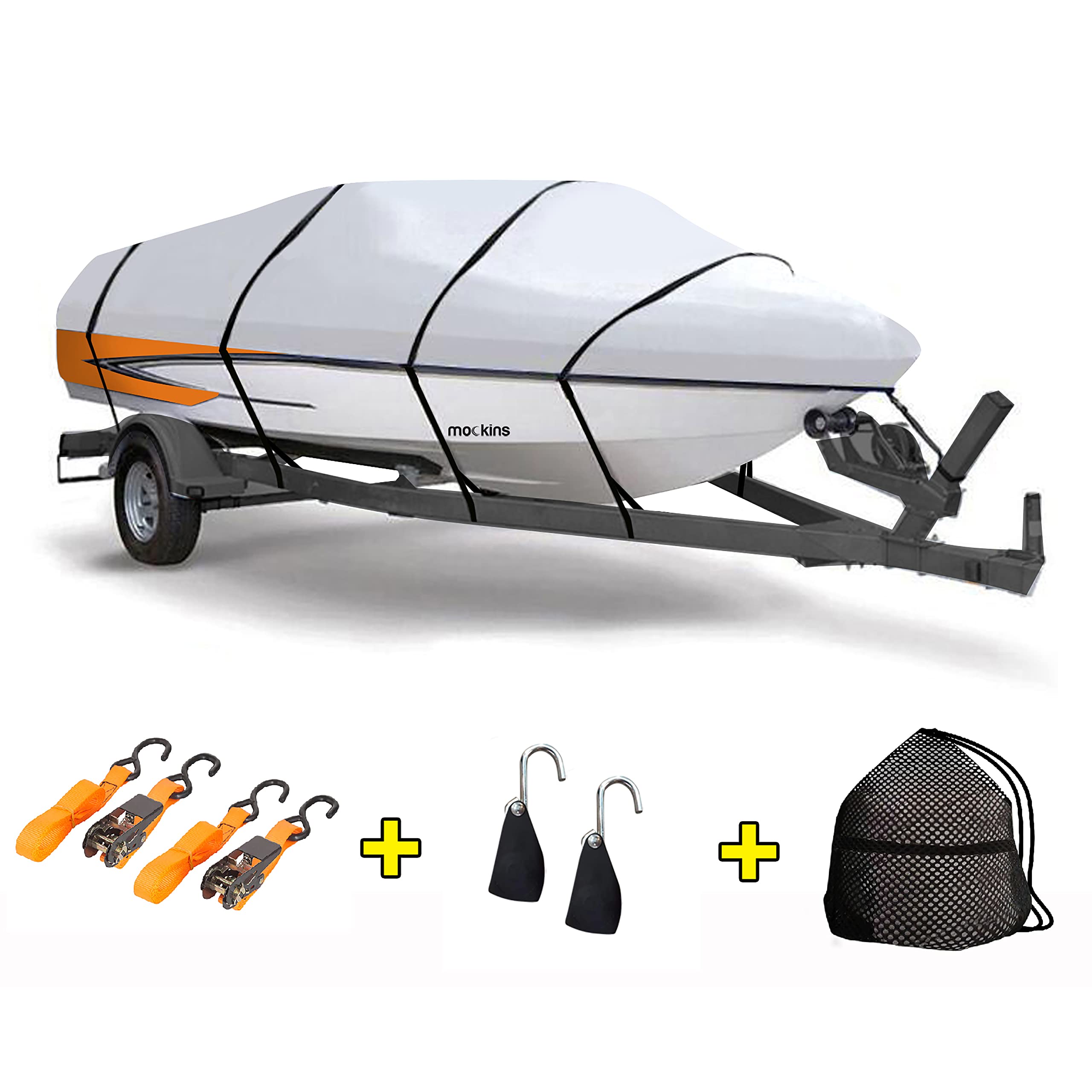 Mockins Trailerable Boat Covers 17-19ft x 98" | 150D Polyester Oxford Boat Cover Fit V-Hull, Tri-Hull, Fishing, Runabout, Bass Boat Cover | UV & Water Resistant - Protects Boat from All Elements