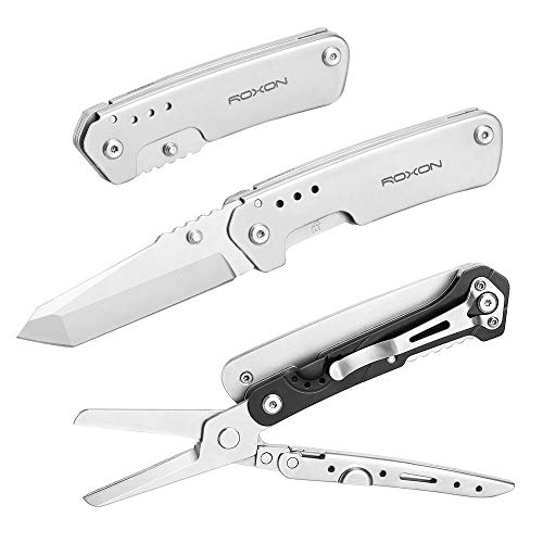 Roxon S501 Folding Pocket Knife and Scissors 2 in 1 Must-have at Home EDC Multi tool with Belt Clip, Perfect for Housework, Rescue, Hunting, Survival, Fishing, Hiking, Camping