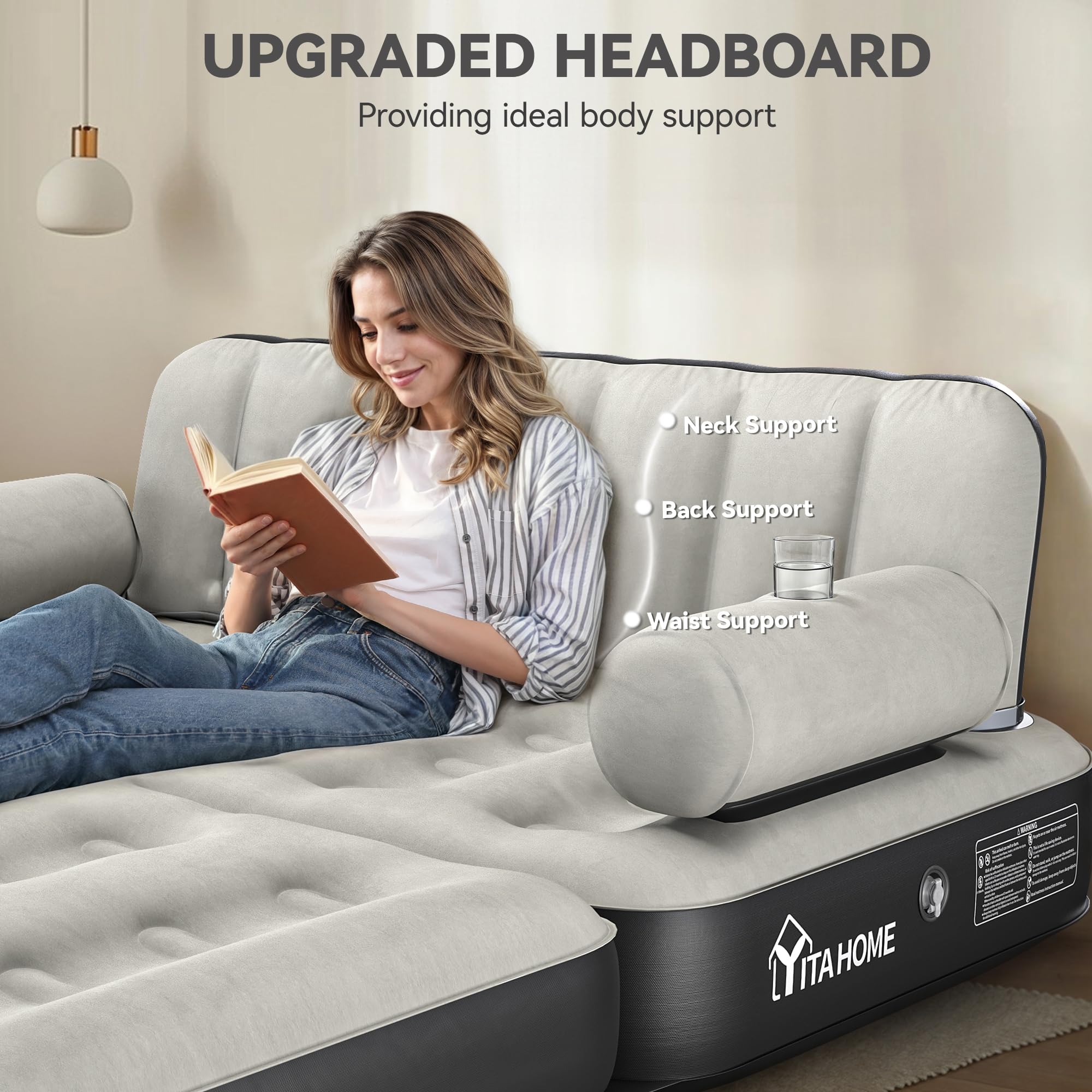 YITAHOME 18'' Flocked Top Queen Air Mattress with External Pump and Headboard, Durable Inflatable Bed, Blow-Up Mattress for Indoor and Outdoor Use, Black