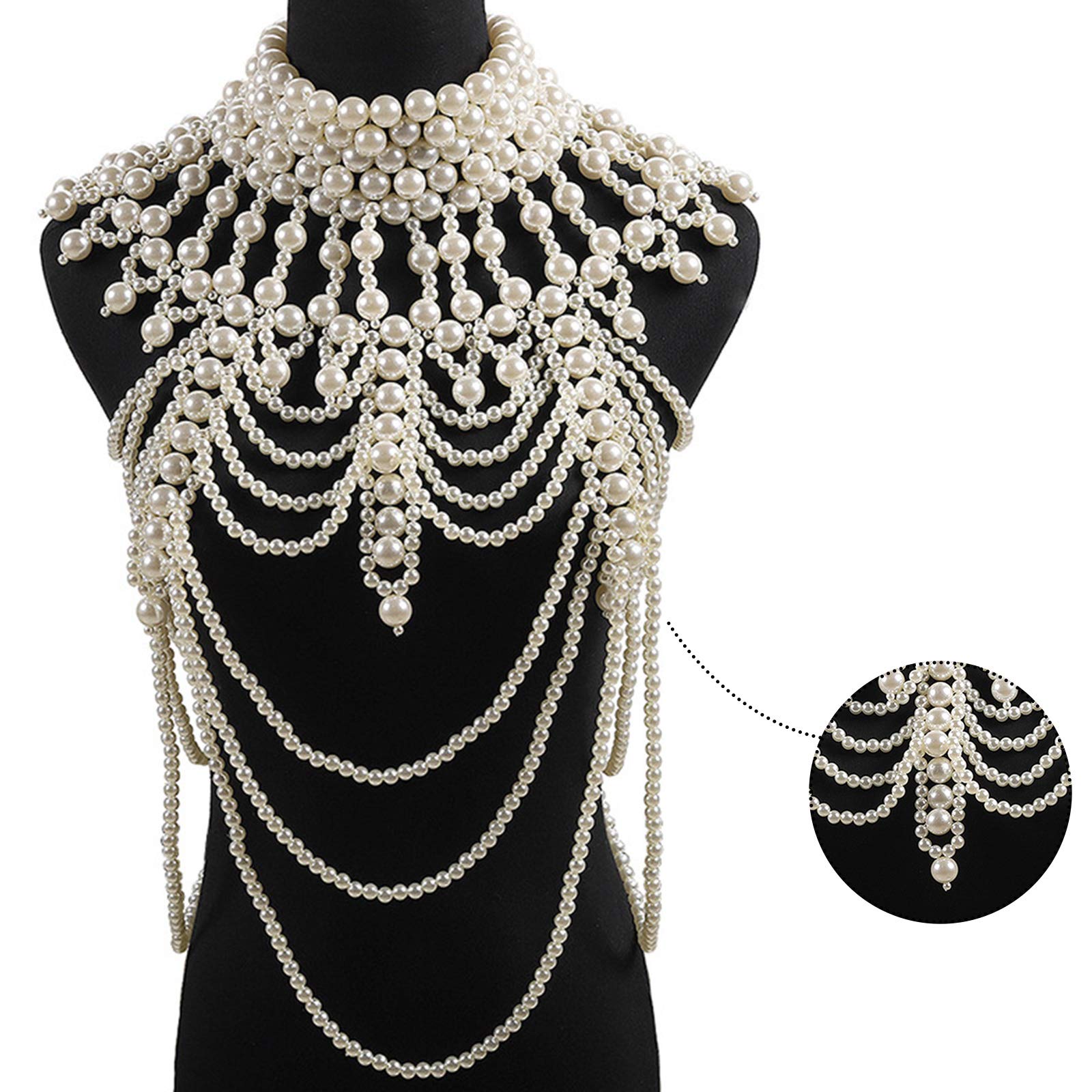 MGBISYI Beaded shoulder chain - Faux Pearl Body Chain Shawl Jewelry Layered Bib Necklace Collar