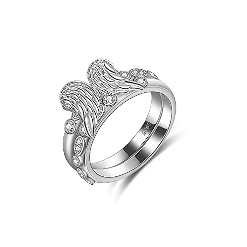 HUKKUN Couple Rings Sterling Silver Stackable Feather Matching Rings for Couples Angel Wings Jewelry Gift for friend