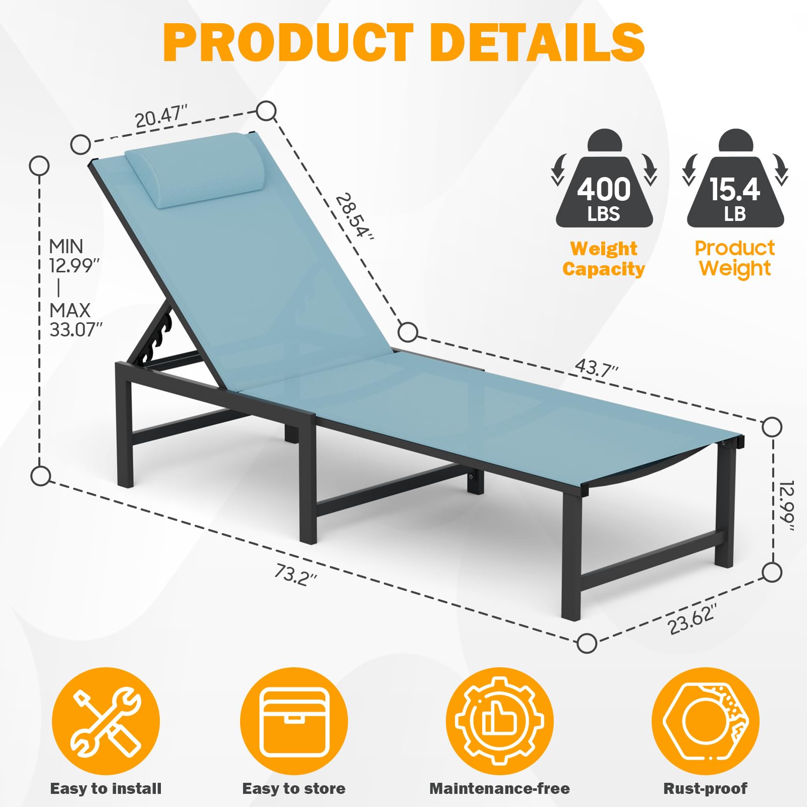 WOAJNQO Chaise Lounge Chair Outdoor,Aluminum Patio Lounge Chairs,Lounge Chairs with 5 Adjustable Backrest and Headrest Pillows for Outside Beach,Blue