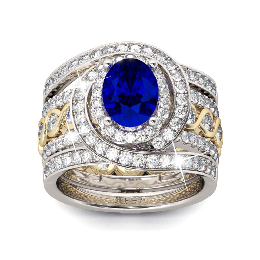 Jeulia Oval Solitaire Engagement Silver Ring: Sterling Bridal Ring Sets Sapphire Blue Cubic Zirconia Wedding Eternity Band with Jewelry Box (Blue, 7)