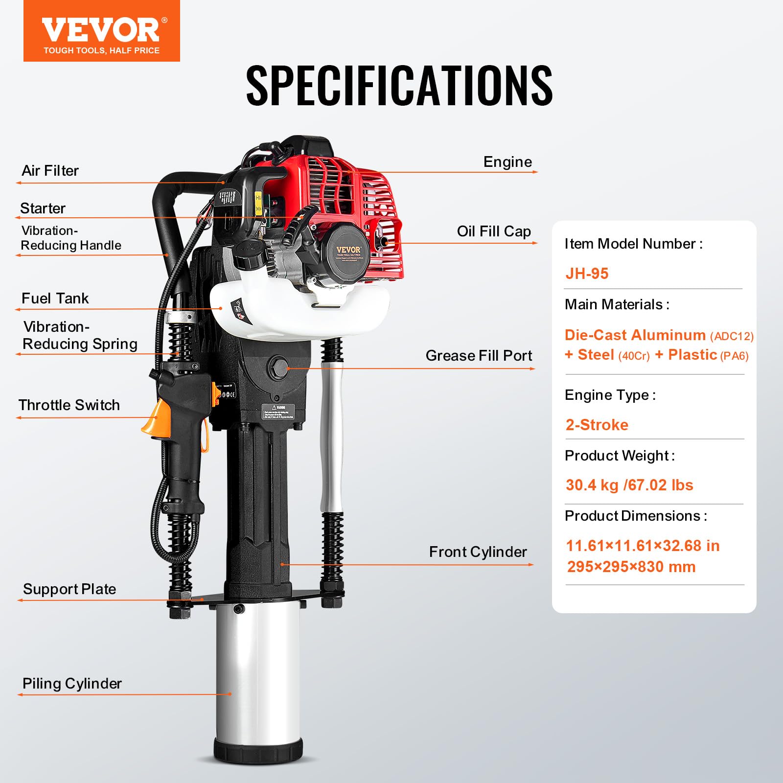 VEVOR 52cc Gas-Powered T Post Driver, 2-Stroke Engine Gasoline Fence Piling Pounder, 1300W Portable Piledriver with 3 Post Driving Head(49/69/100 mm), For Farm, Ranch Fencing, Road Improvements