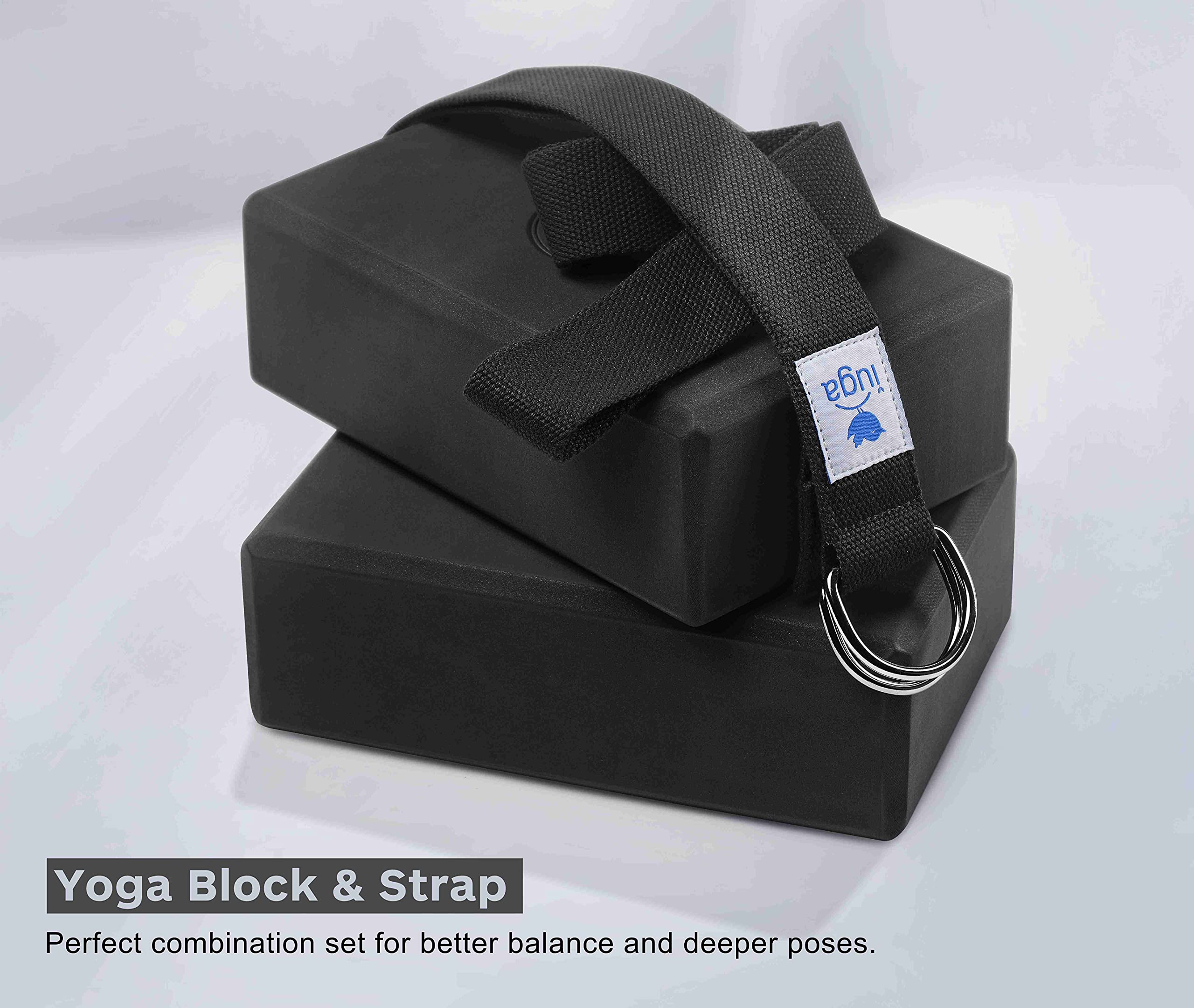 IUGA Yoga Block 2 Pack with Yoga Strap, High Density Yoga Blocks 9”x6”x3”to Improve Strength, Flexibility and Balance, Light Weight and Non-Slip Surface for Yoga, Pilates and Meditation