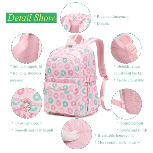 YJMKOI 3PCS Donut Print Backpack for Girls Middle-School Elementary Bookbags with Lunch Box (Grey)