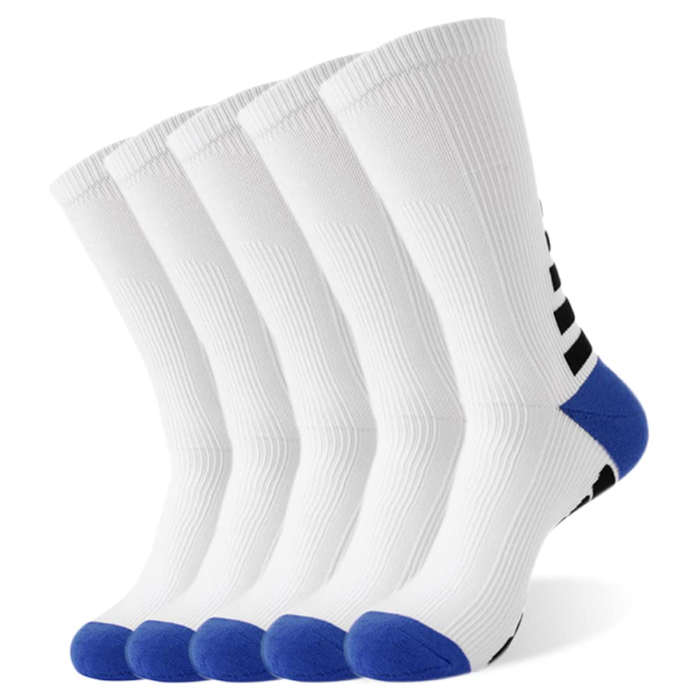 Men's Cotton Cushion Wicking Breathable Crew Sock,Athletic Compression Hiking Running Socks (Pack of 5,White)