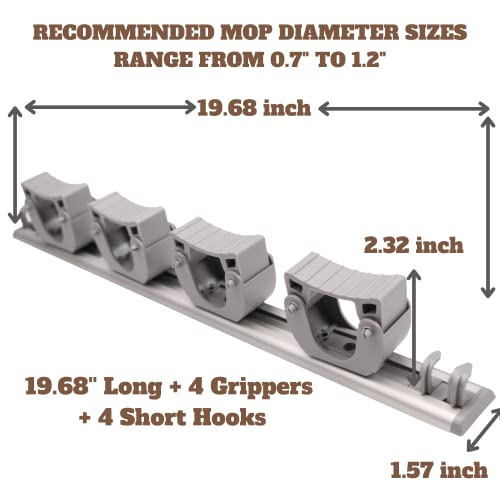 U.S. Solid Mop and Broom Holder, Wall Mounted, 4 Sliding Grippers & 4 Hooks, Garden Tool Organizer, Organize Kitchen, Garage, Laundry, Storage Rooms, 19.6 Inches