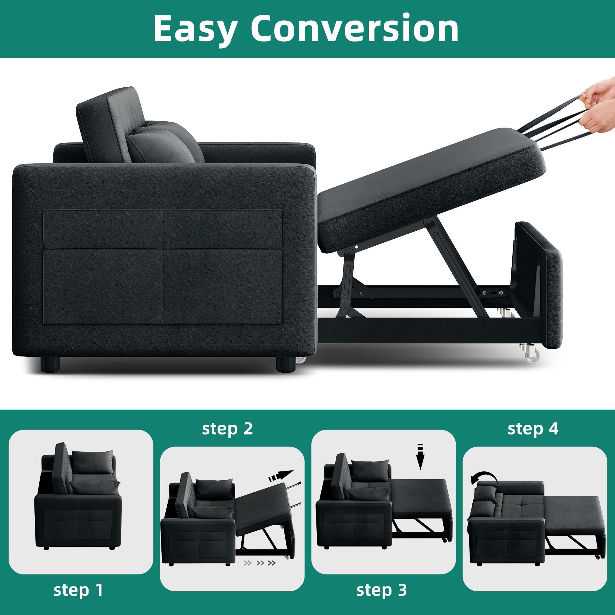 YITAHOME 55" Convertible Sofa Bed, 3-in-1 Sleeper Sofa with Pull-Out Bed, Velvet Futon Couch with Reclining Backrest and Side Pocket, Modern Loveseat for Living Room, Black, Full Size
