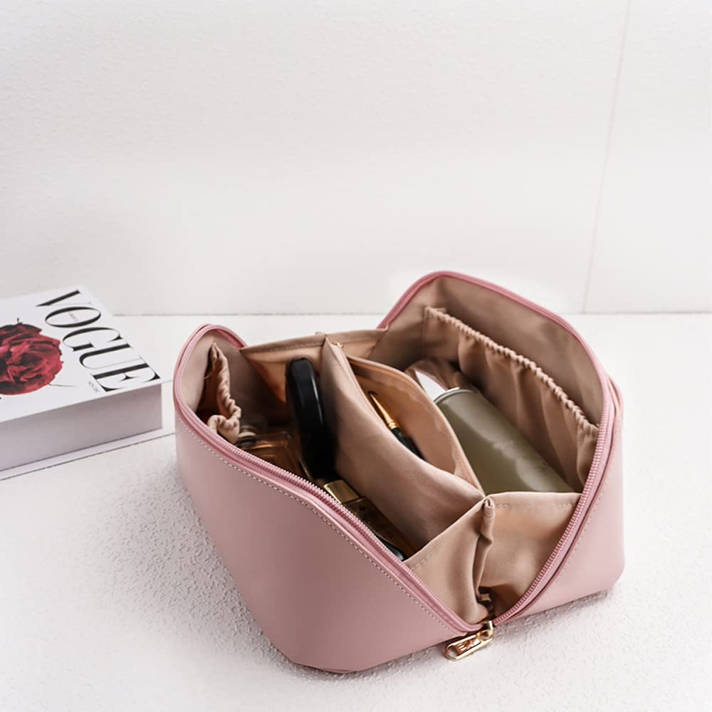 SOUKAHU Large Capacity Travel Cosmetic Bags for Women, PU Leather Makeup Bag,Waterproof Portable Pouch Open Flat Lay Cosmetic Bag Makeup Organizer Bag with Divider and Handle-Khaki