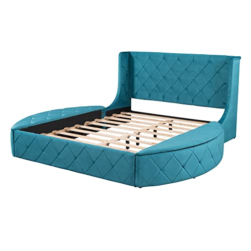Velvet Upholstered Queen Platform Bed with Storage, Queen Size Bed Frame with Headboard, 1 Big Drawer and 2 Side Storage Stool, Strong Wooden Slats/Easy Assembly/Blue