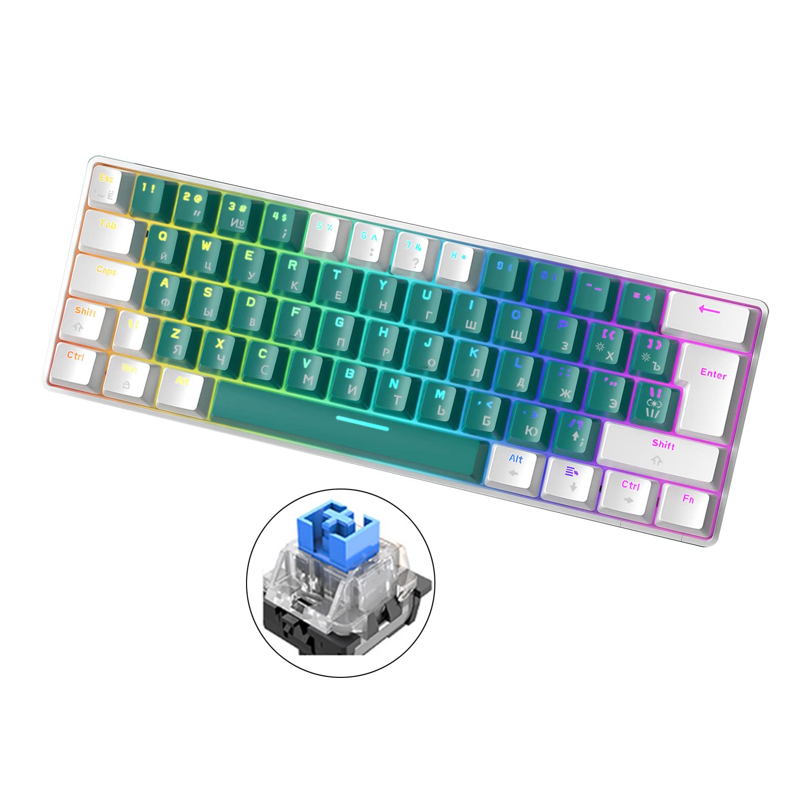 Russian Wired Mechanical Gaming with Rainbow Backlit 62Key NKRO Ergonomics Keyboards for PC/Win Gamer red Blue Switch