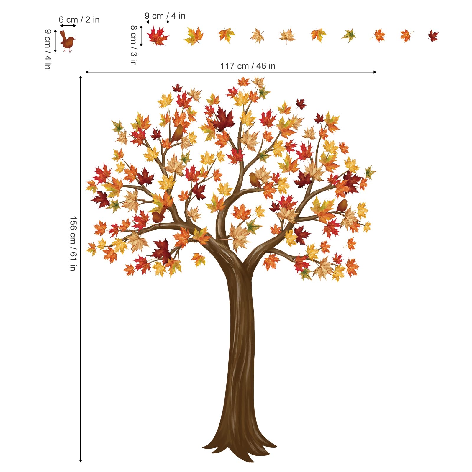 wondever Fall Large Tree Wall Stickers Autumn Maple Leaves Birds Peel and Stick Wall Art Decals for Bedroom Living Room TV Walls