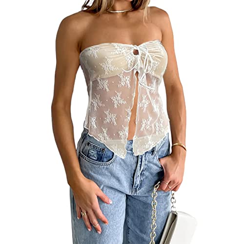 WPNAKS Women's Strapless Tube Top Y2k Going Out Bandeau Crop Tops Sleeveless Cami Shirt Off Shoulder Vest Tank,Lace a White