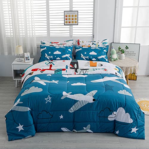 Yasida 7 Piece Airplane Comforter Set for Boys and Girls, Comforters Queen Size Bed in a Bag, Microfiber Kids Bedding for All Season (1 Comforter,1 Flat Sheet,1 Fitted Sheet,4 Pillowcases)