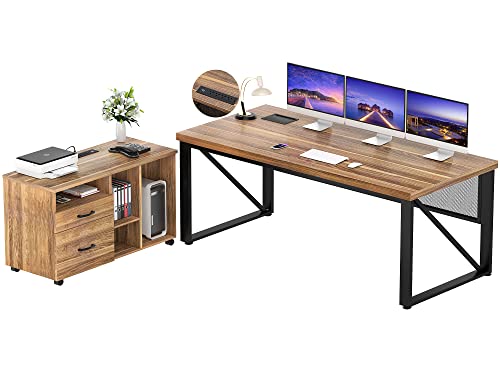 Unikito 55 Inch Executive Desk and Lateral File Cabinet, L Shaped Office Desk with Power Outlet and USB Port, Large Computer Table Home Office Furniture with Drawers and Storage Shelves, Rustic Walnut