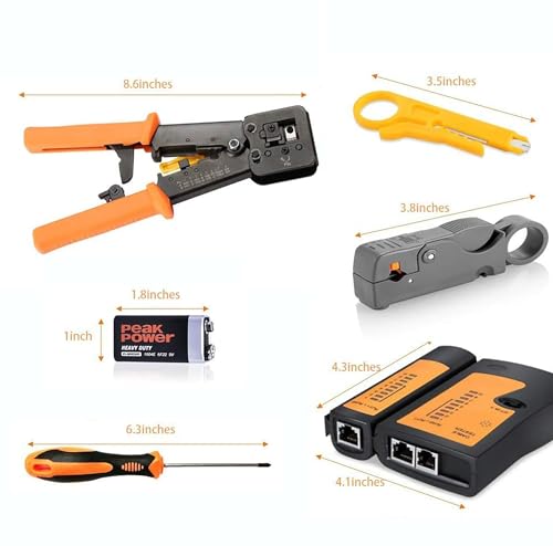 RJ45 Crimp Tool Kit Pass through Ethernet Crimper kit for Cat5 Cat5e Cat6,RJ45 Crimping Tool with 50PCS Connectors, 50PCS Covers,1 Wire Punch Down Cutter and 1 Network Cable Test(9V Battery Included)