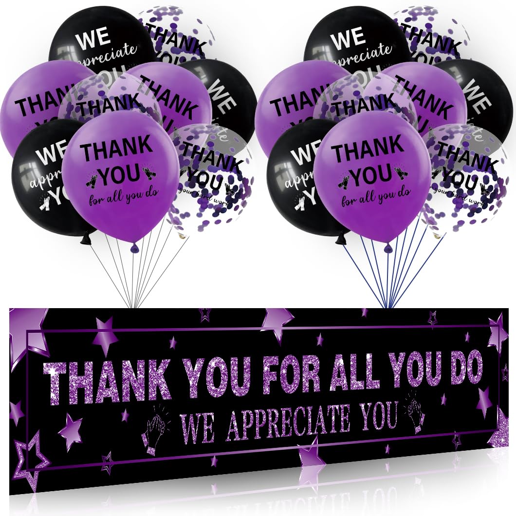 We Appreciate You Decorations Black Purple Appreciate You Banner with 18 pcs Balloons Thank You Yard Sign for Teacher Employee Staff Doctors Nurse Poaster Volunteer Appreciation Week Party Decor