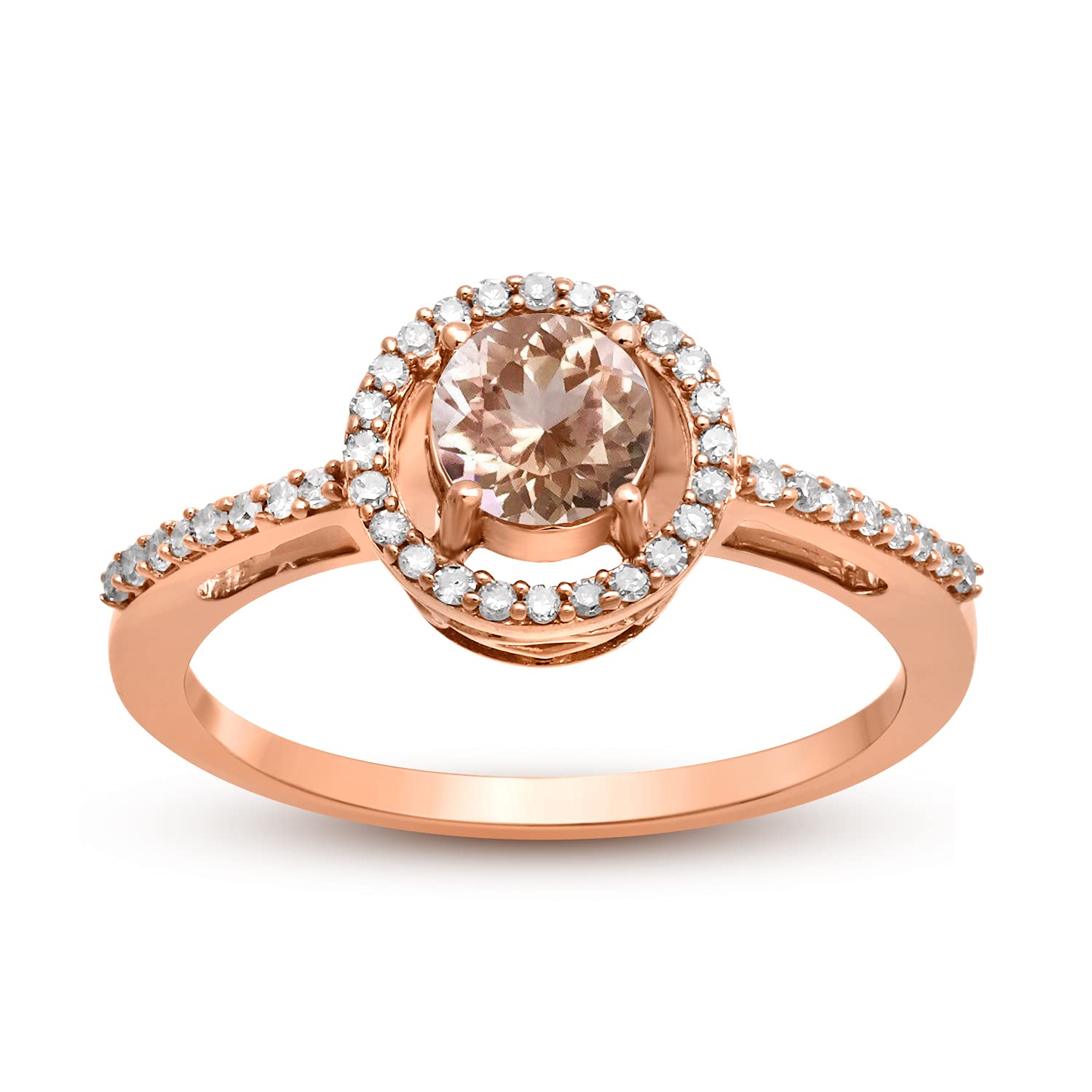 Jewelili 10K Rose Gold 5 MM Round Morganite and 1/6 Cttw Natural White Round Diamond Halo Ring, Size 7
